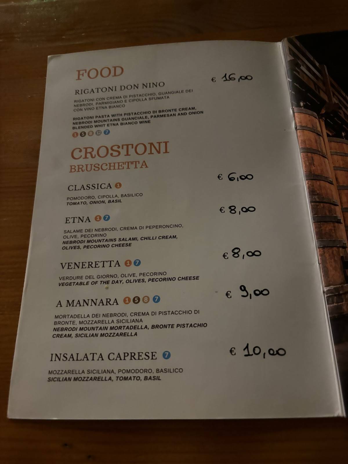 Menu at Taverna Don Nino restaurant, Taormina