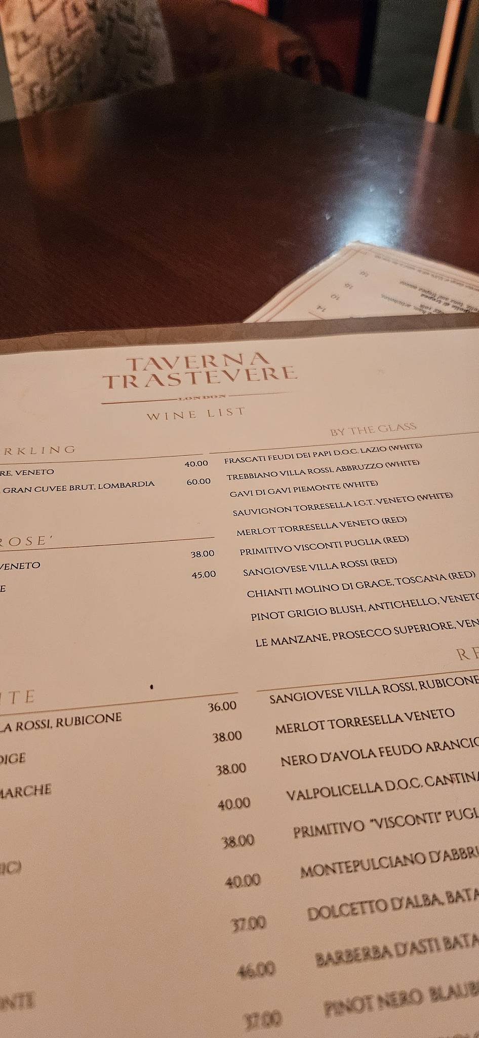 Menu at Taverna Trastevere restaurant, London