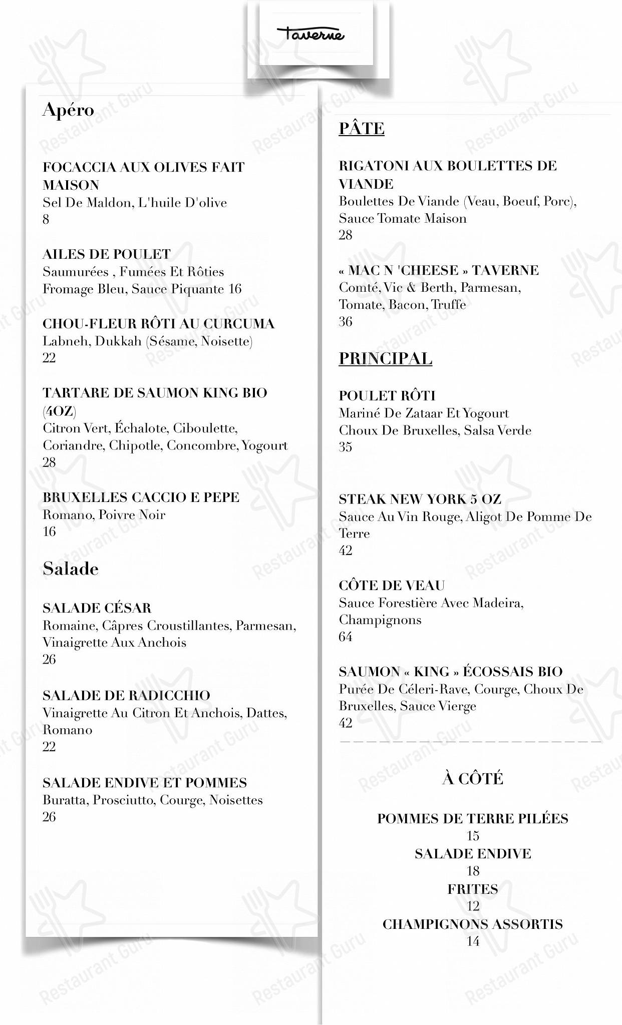 Menu at Taverne Sur Le Square restaurant, Westmount