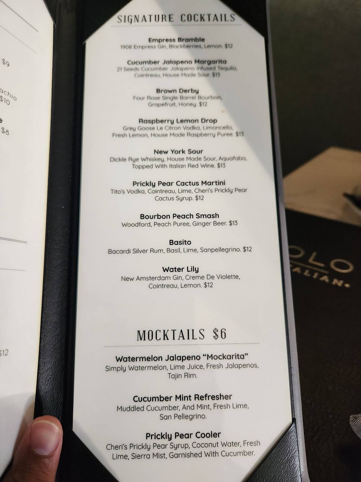 Menu at Tavolo Modern Italian restaurant, Sidney
