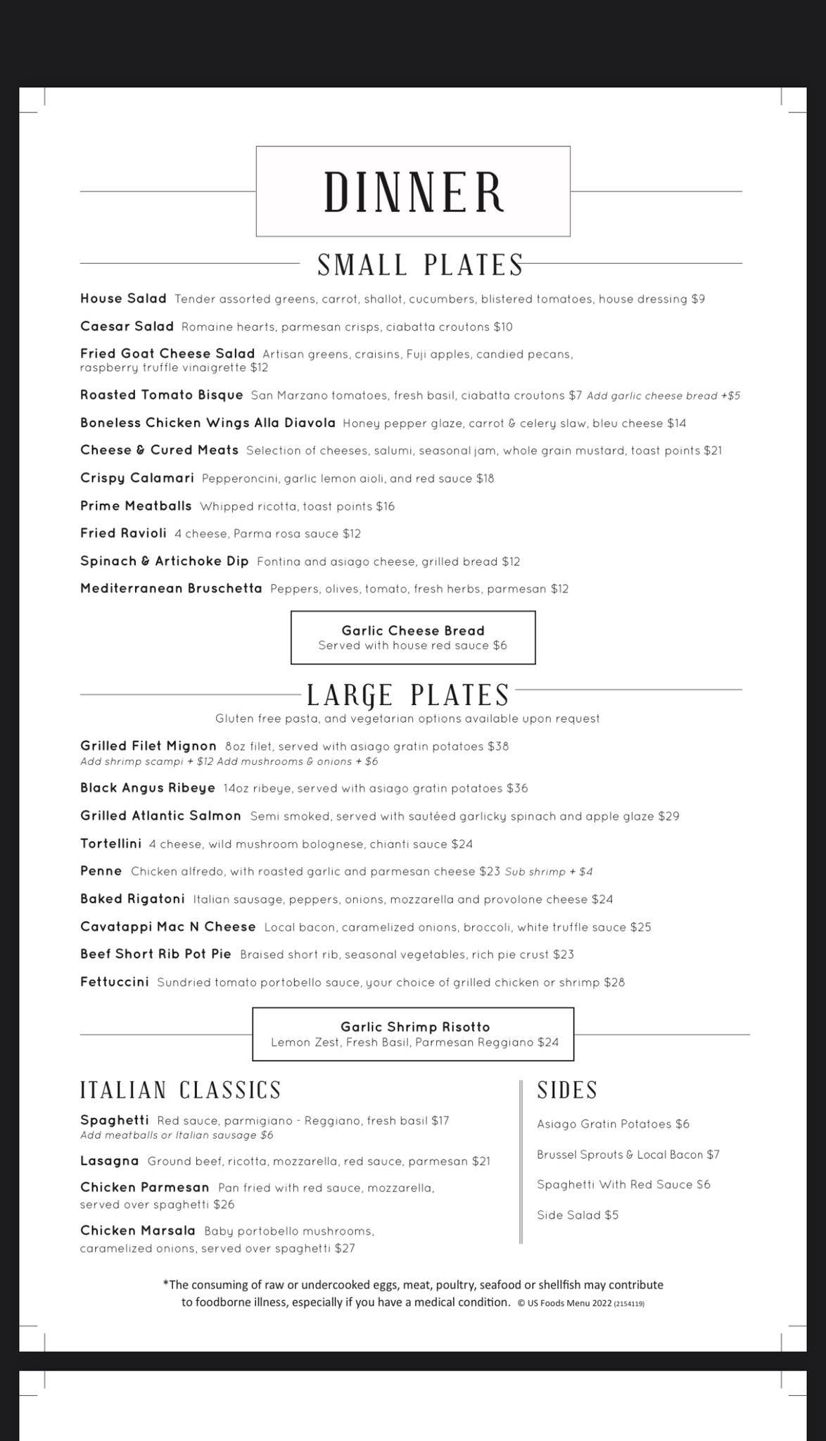 Menu at Tavolo Modern Italian restaurant, Sidney