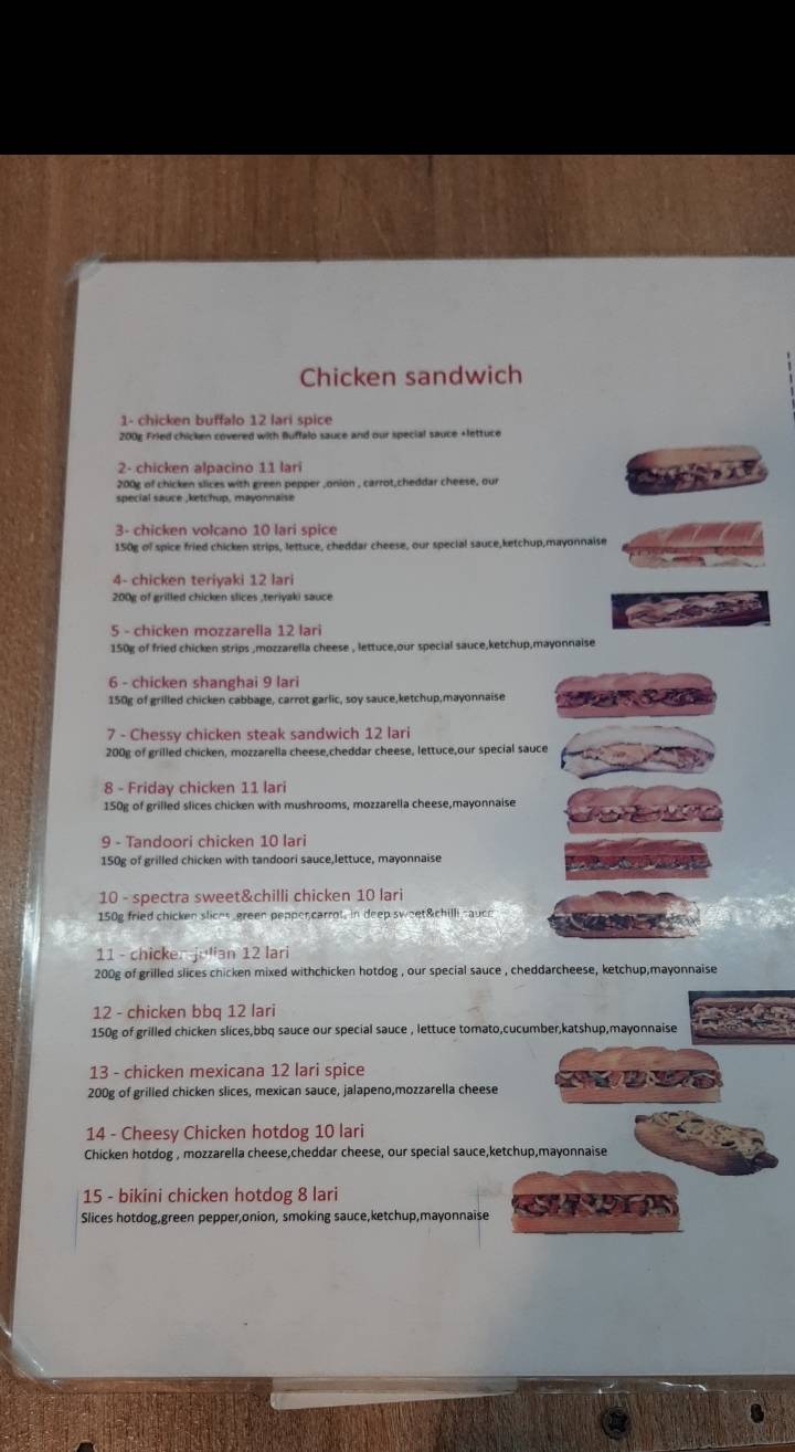 Menu at Spectra restaurant, Tbilisi