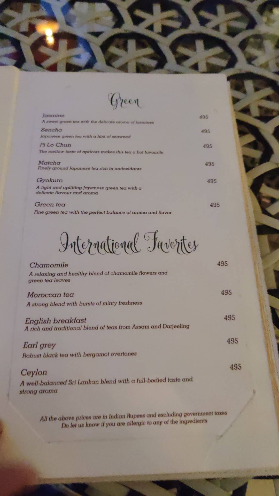 Menu at Tea Lounge, New Delhi, Taj Palace