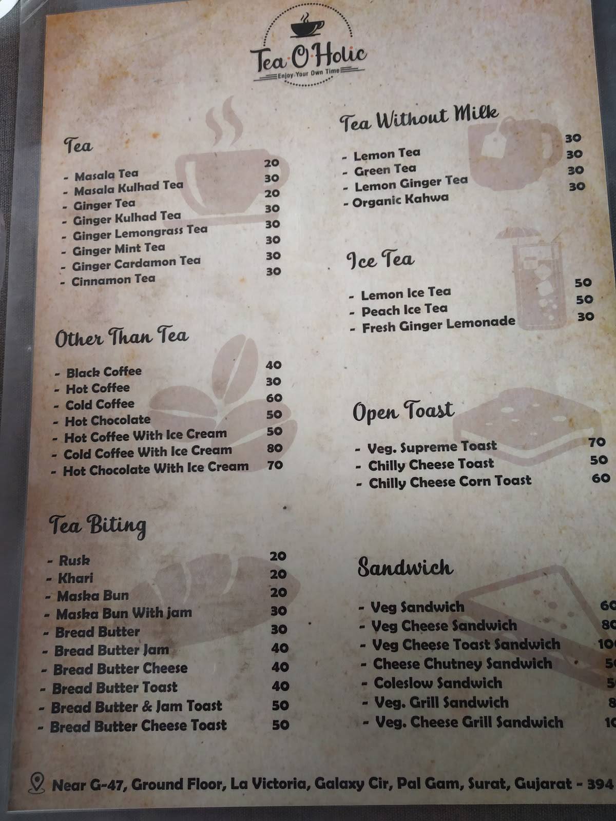 Menu at Tea O Holic, Surat