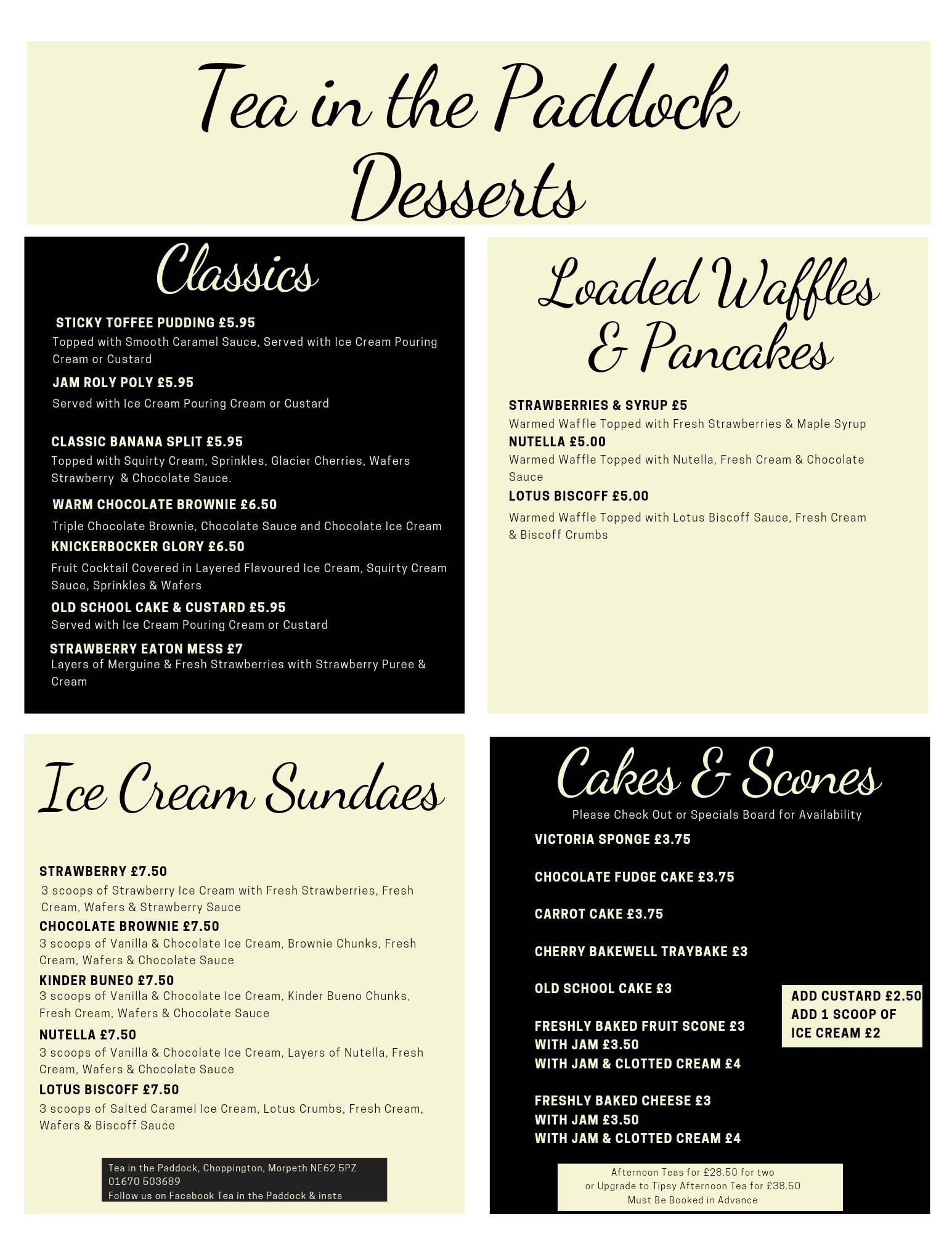 Menu at Tea in the Paddock cafe, Choppington