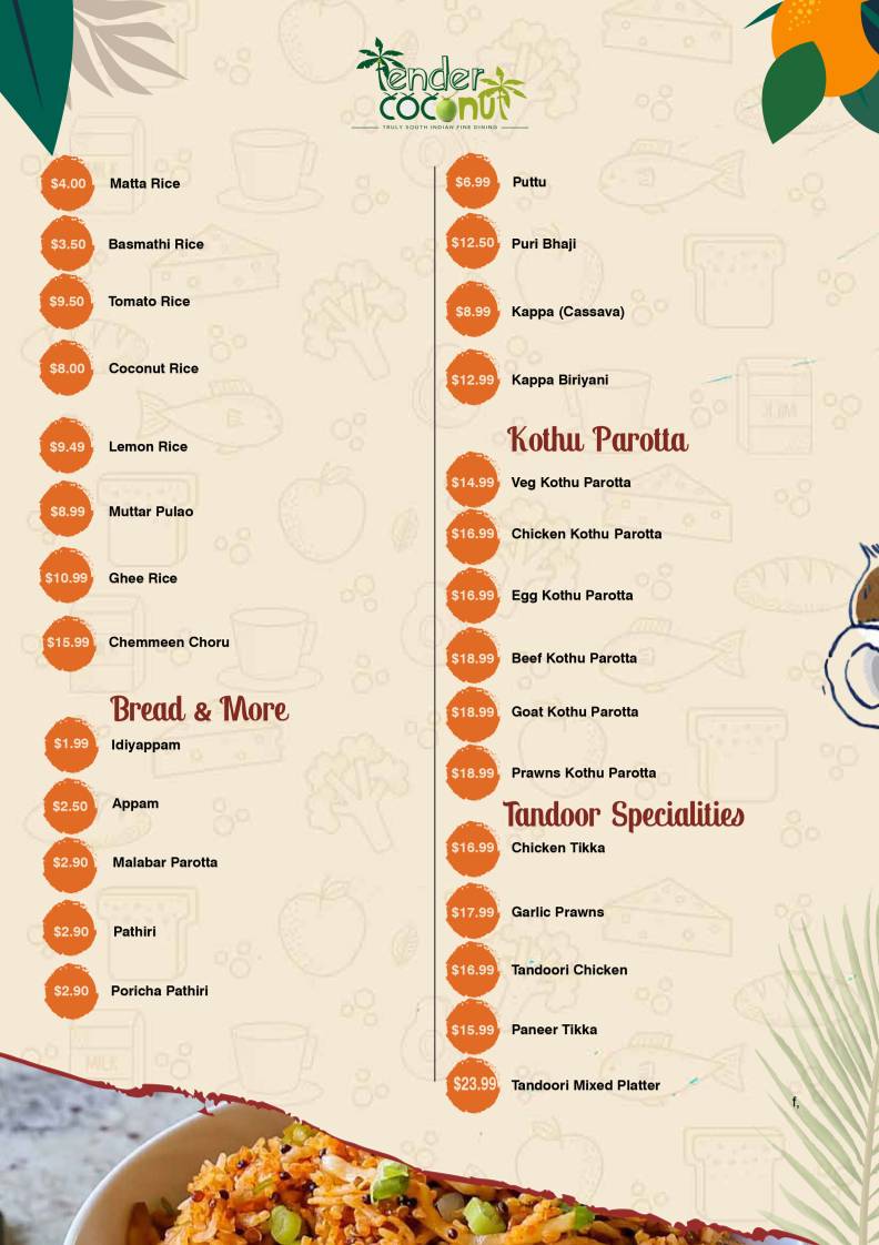 Menu at Tender Coconut - South Indian Fine Dining Restaurant, Calgary
