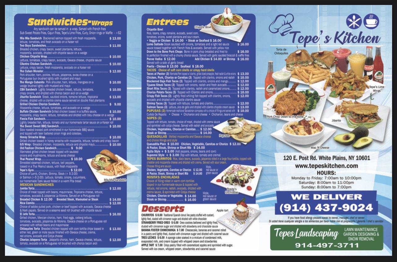 Menu at Tepe’s Kitchen restaurant, White Plains