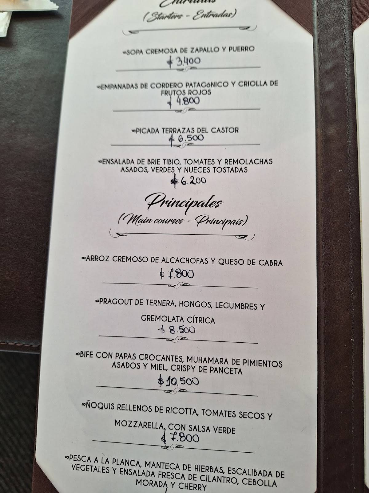 Menu at Terrazas del Castor restaurant, Argentina, Ruta Nacional 3
