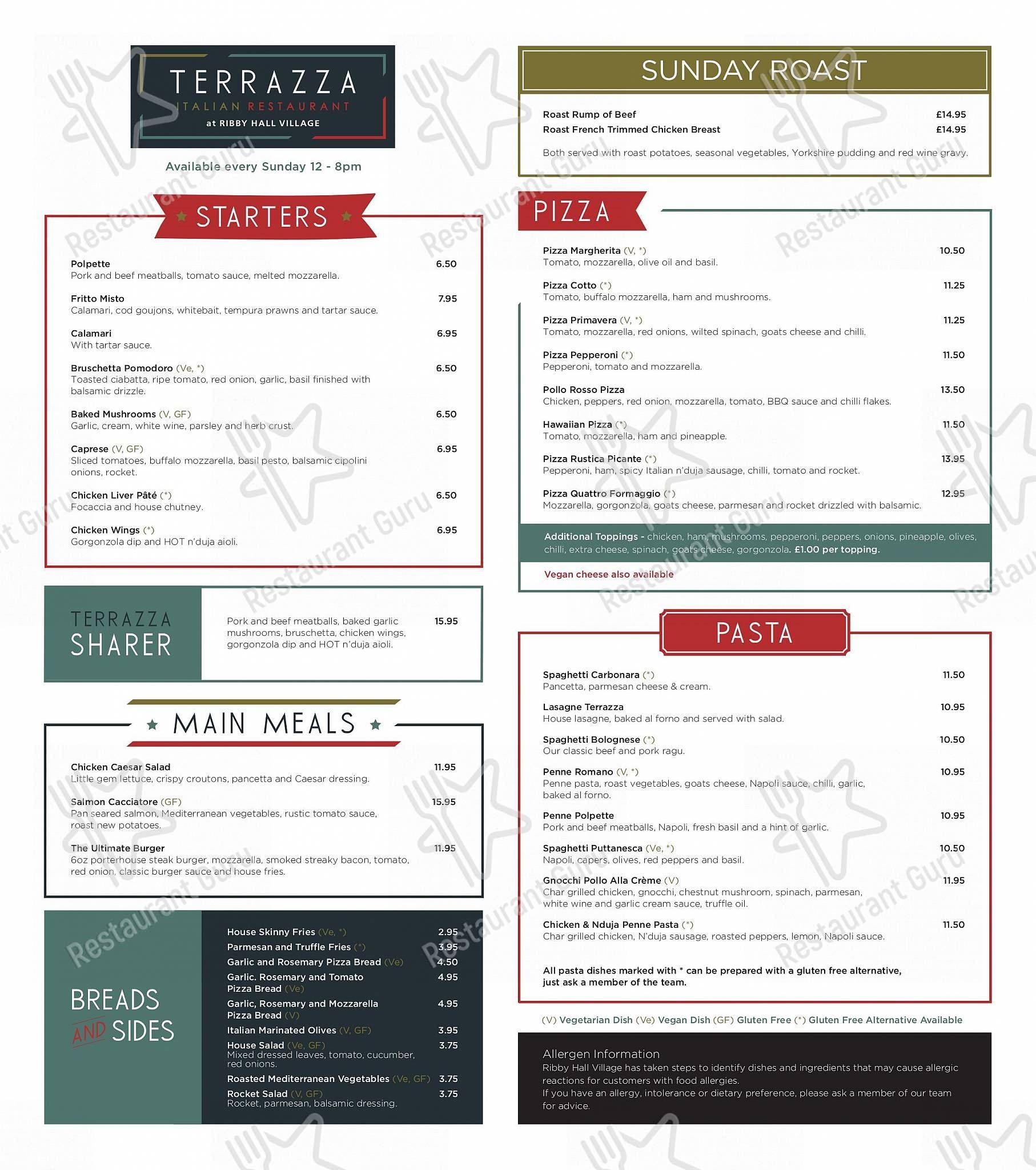 Menu at Terrazza at Ribby Hall Village restaurant, Ribby-with-Wrea