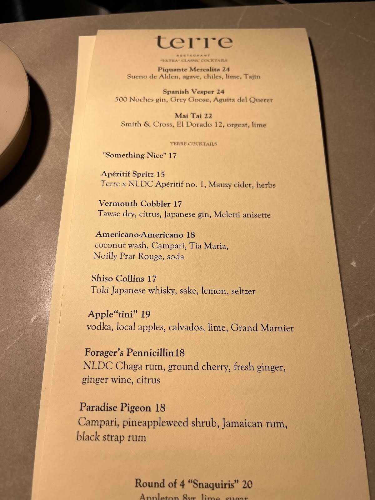 Menu at Terre restaurant, St. John's