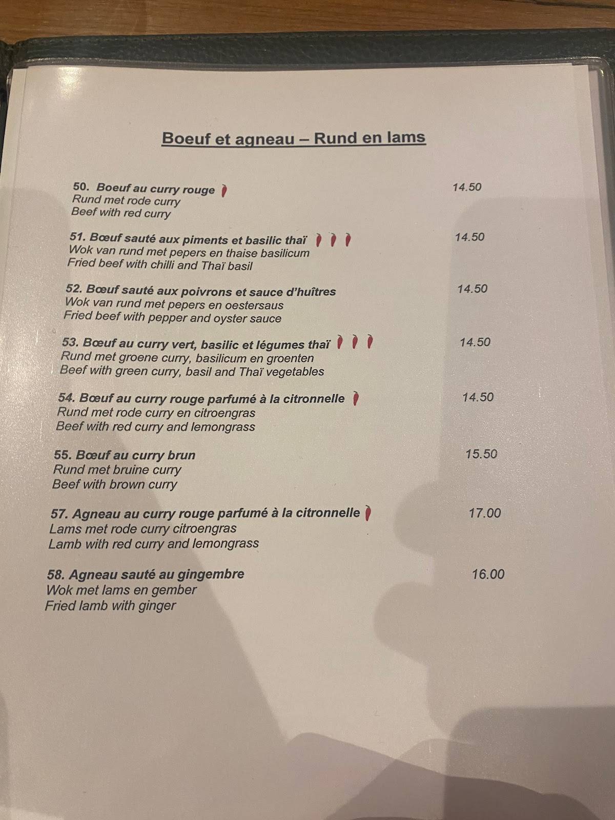 Menu au Thai Break, Waremme