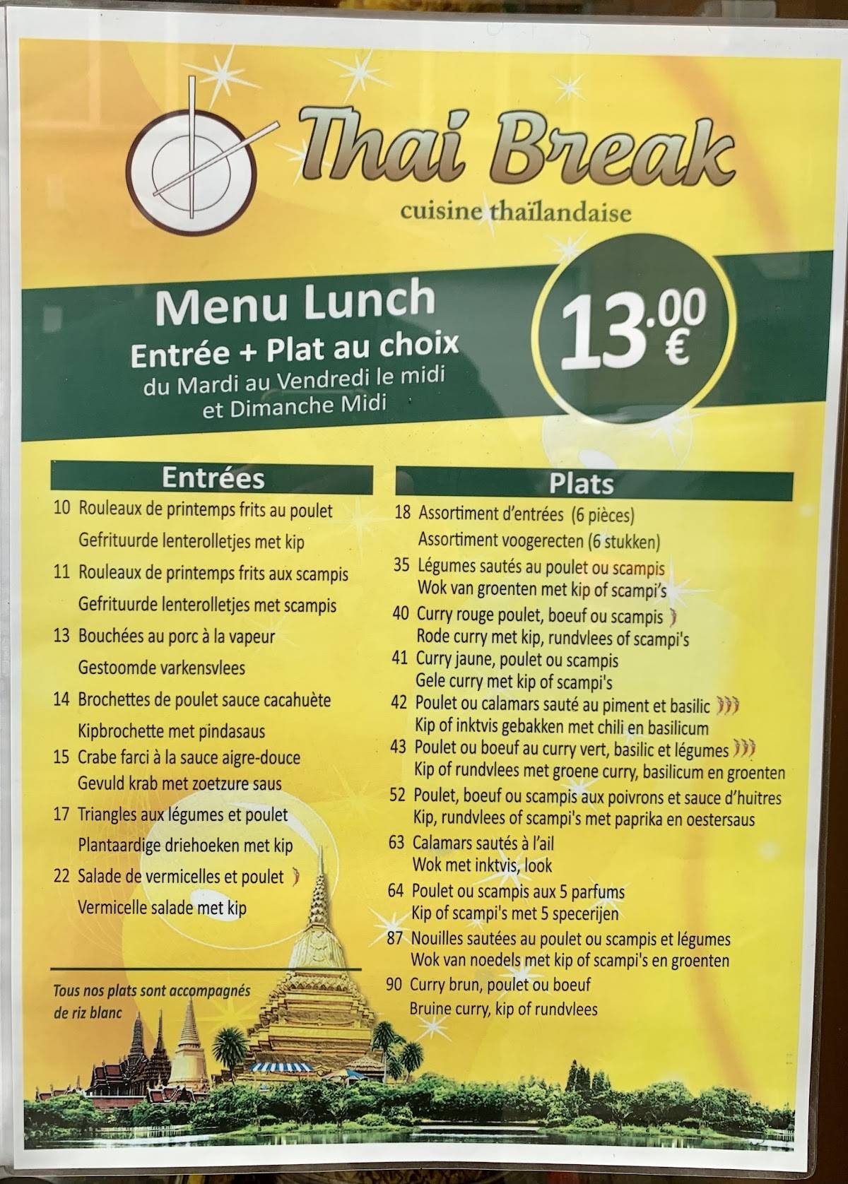 Menu au Thai Break, Waremme