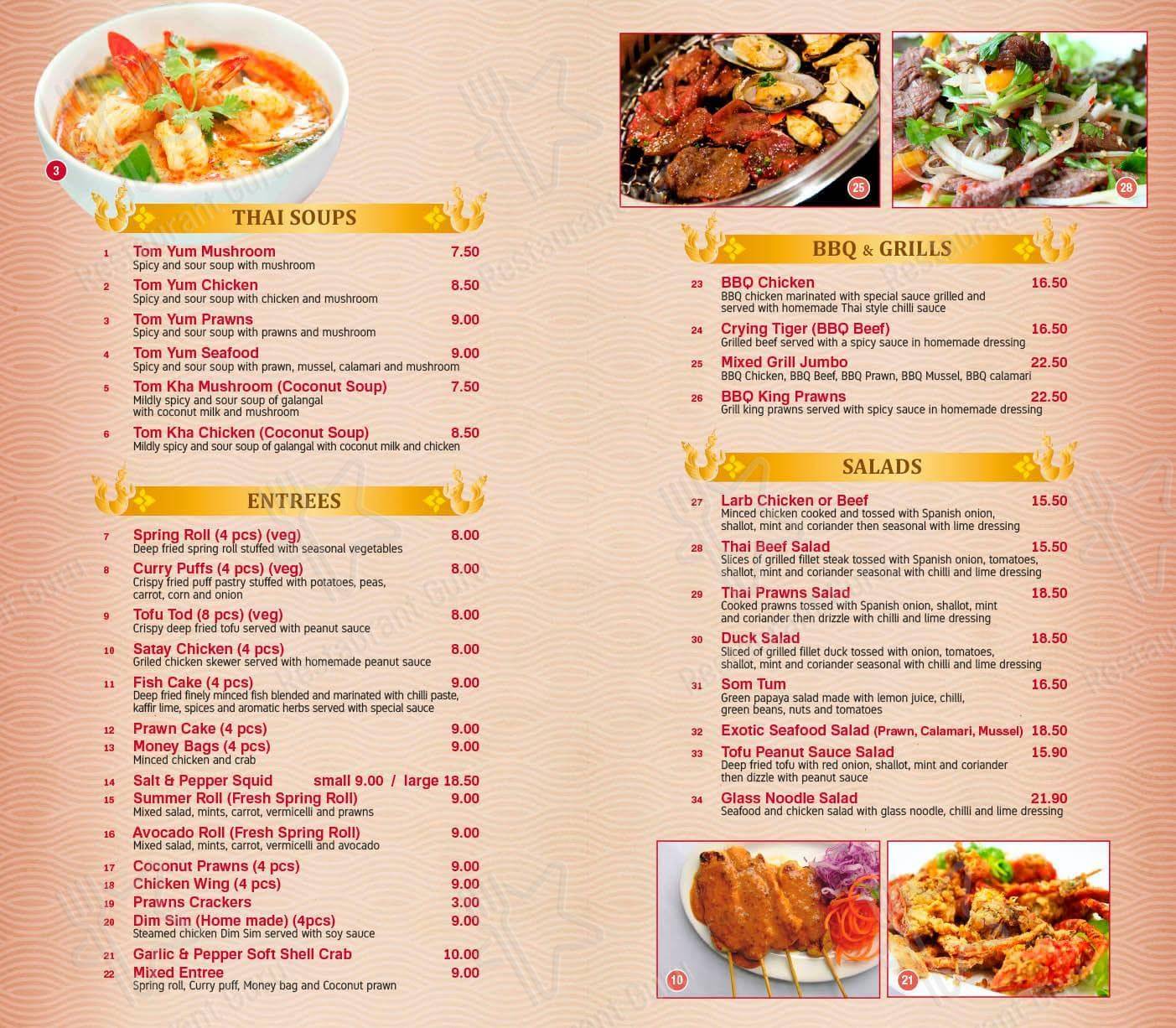 Menu at Thai Chao Phraya restaurant, Springfield