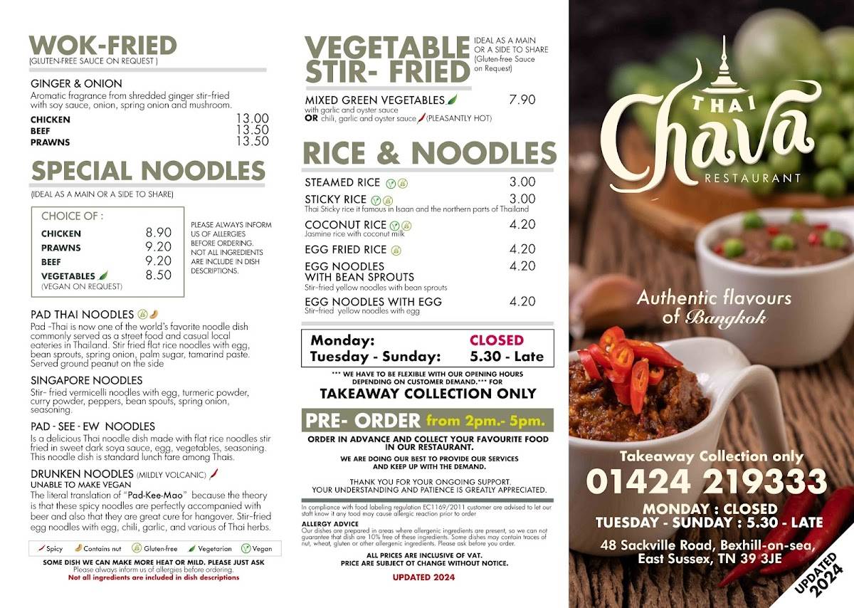 Menu at Thai Chava Restaurant, Bexhill