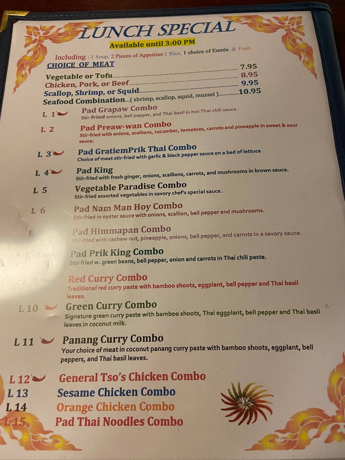 Menu at Thai Elephant Walk restaurant, Gettysburg