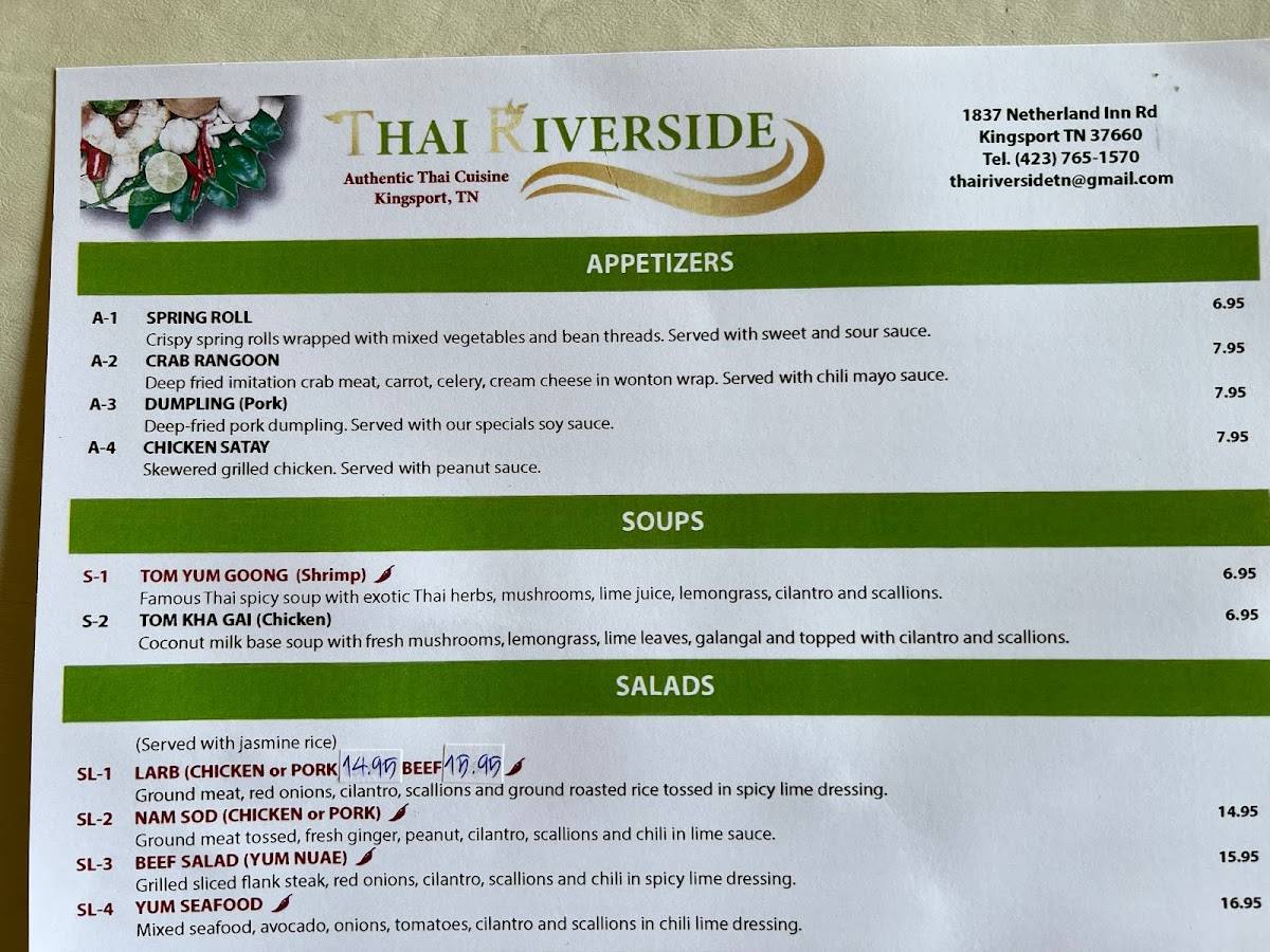 Menu at Thai Riverside restaurant, Kingsport