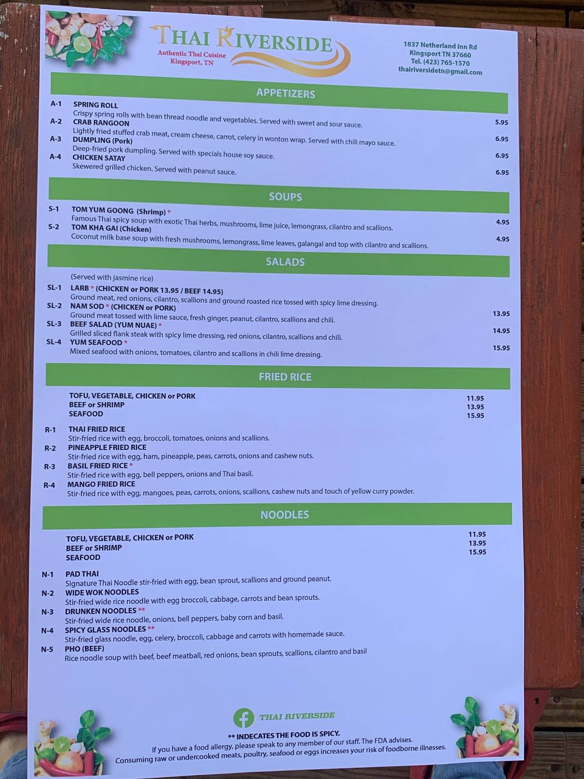 Menu at Thai Riverside restaurant, Kingsport