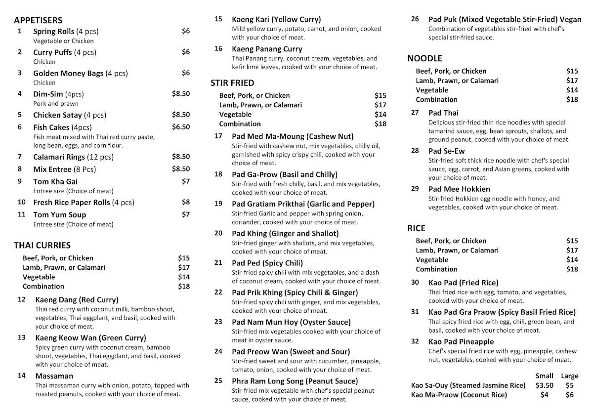 Menu at Thai Simply Cook restaurant, Lowood