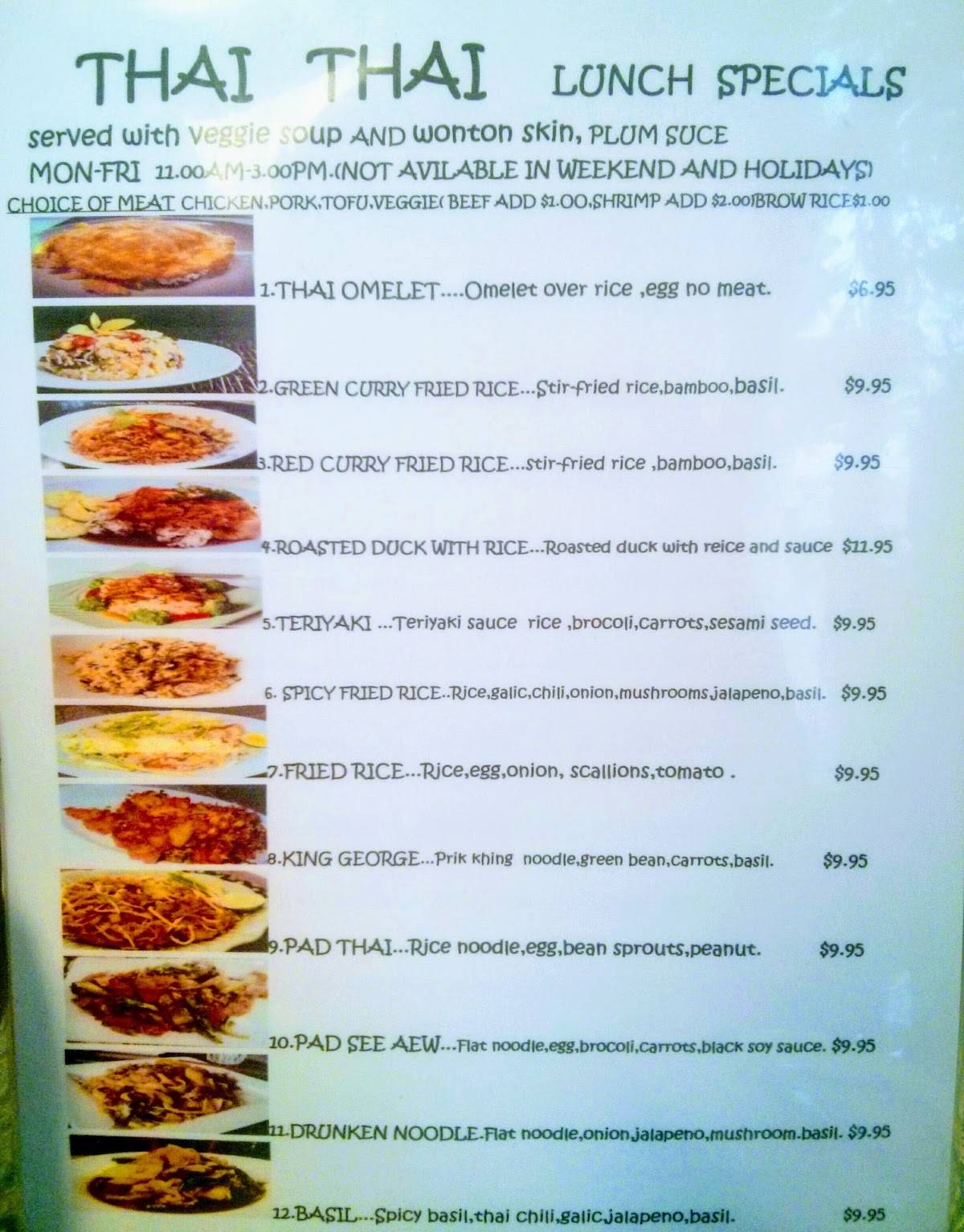 Menu at Thai Thai restaurant, Carson City