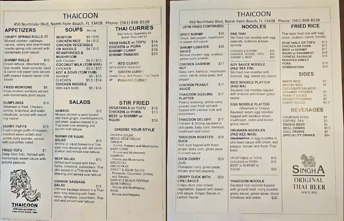 Menu at Thaicoon Restaurant, North Palm Beach
