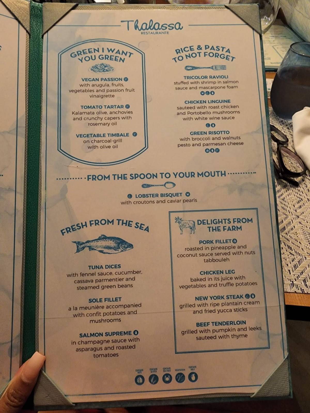 Menu at Thalassa restaurant, Punta Cana, JMQ3+MG