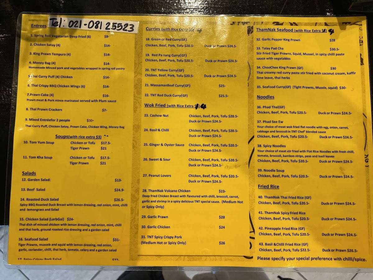 Menu at Tham Nak Thai Remarkables Park restaurant, Queenstown