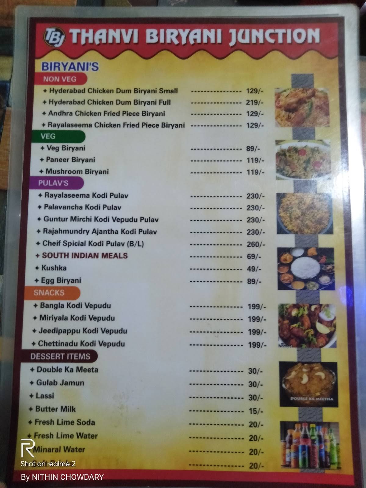 Menu at Thanvi biryani junction, Kalyandurg