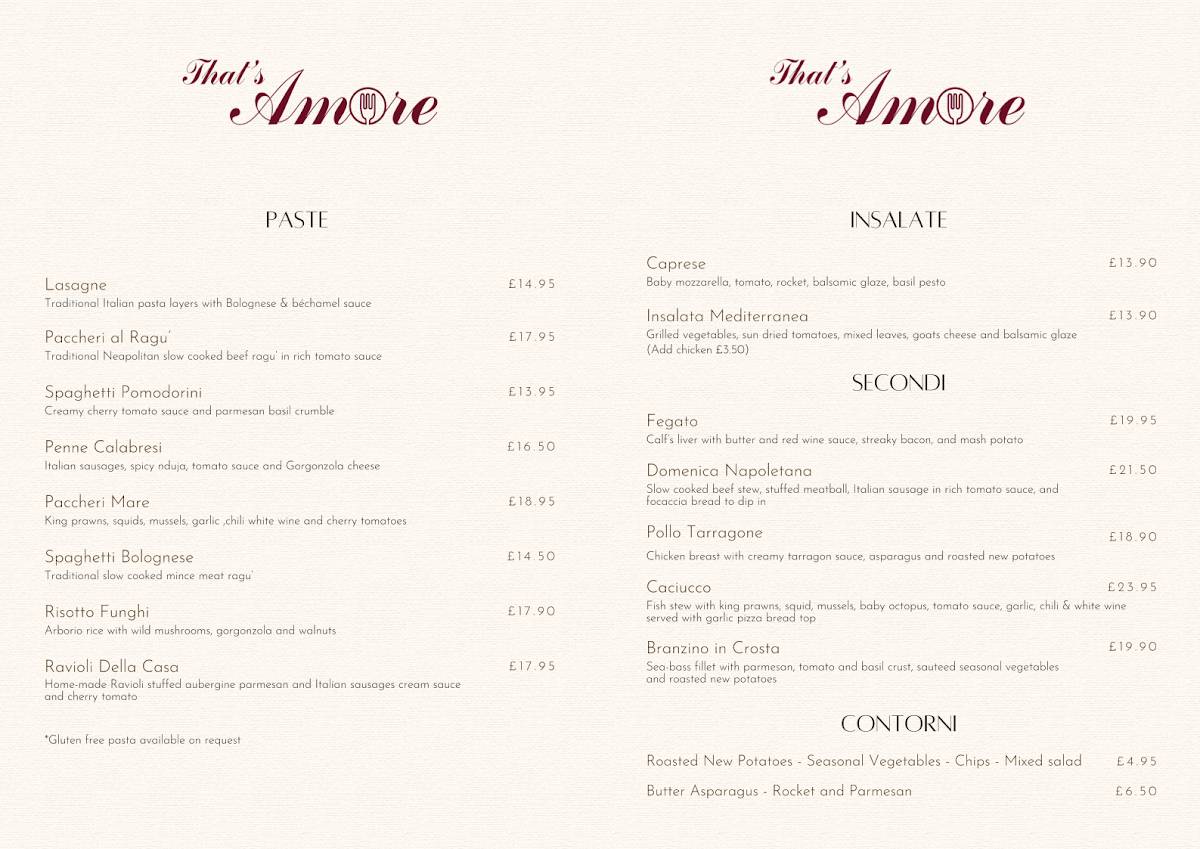 Menu at That's Amore Italian Restaurant, West Byfleet