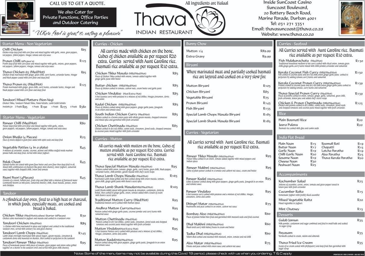 Menu at Thava Suncoast restaurant, Durban