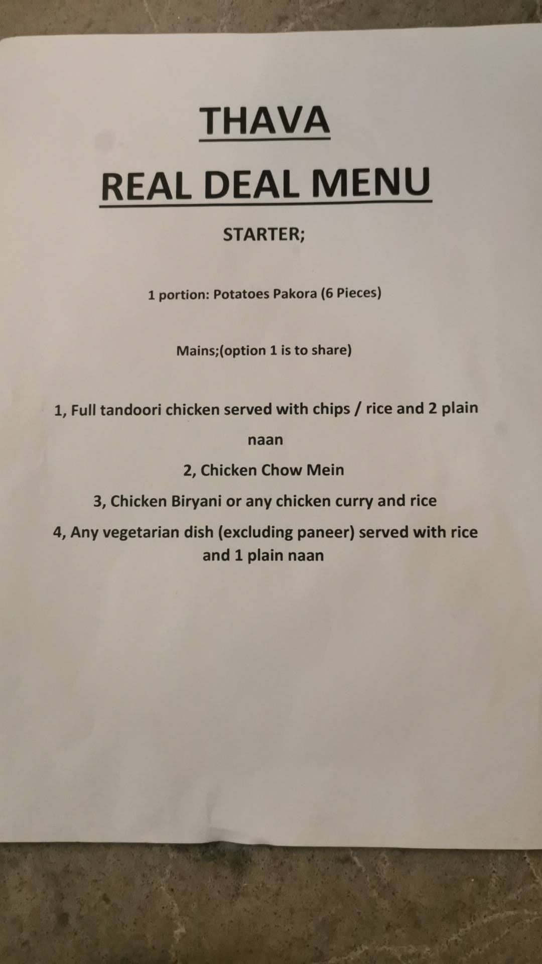 Menu at Thava Suncoast restaurant, Durban