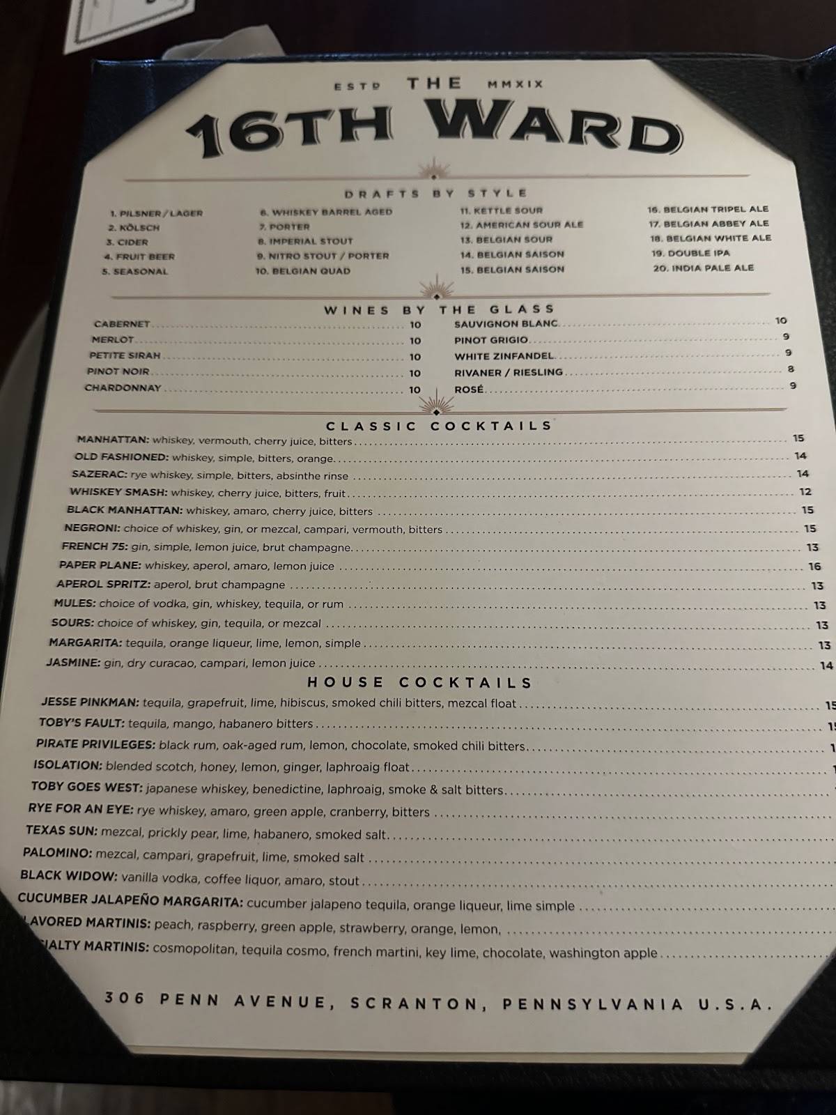 Menu at The 16th Ward restaurant, Scranton