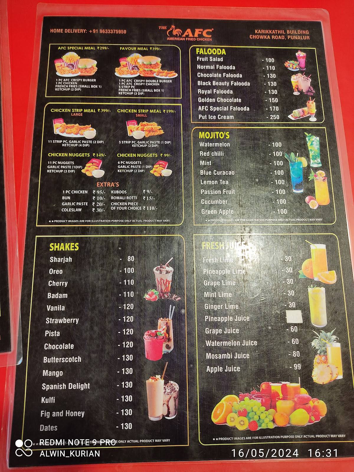 Menu at The AFC American Fried Chicken Punalur, Punalur