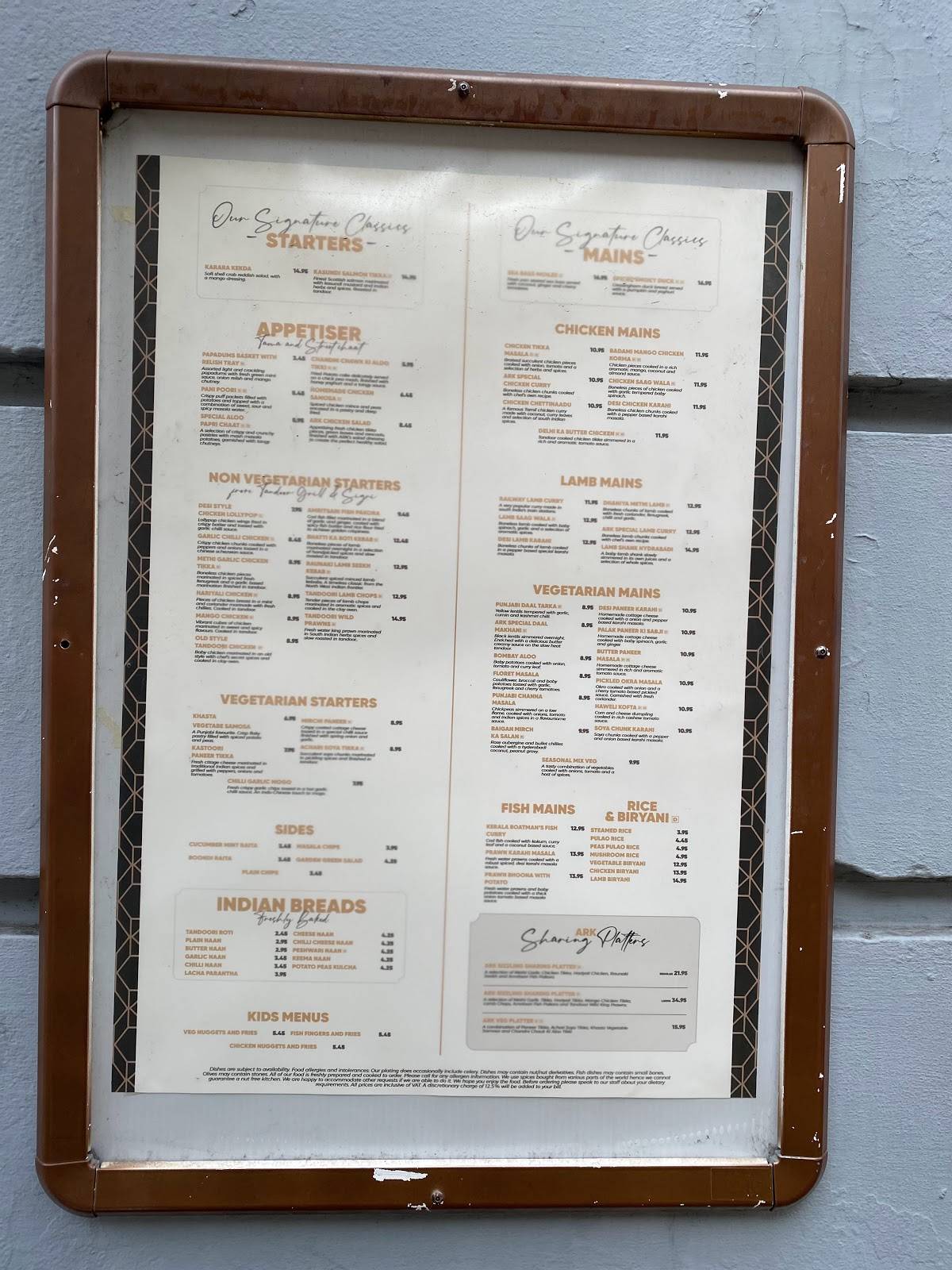 Menu at The ARK Birmingham restaurant, Birmingham, John Bright St