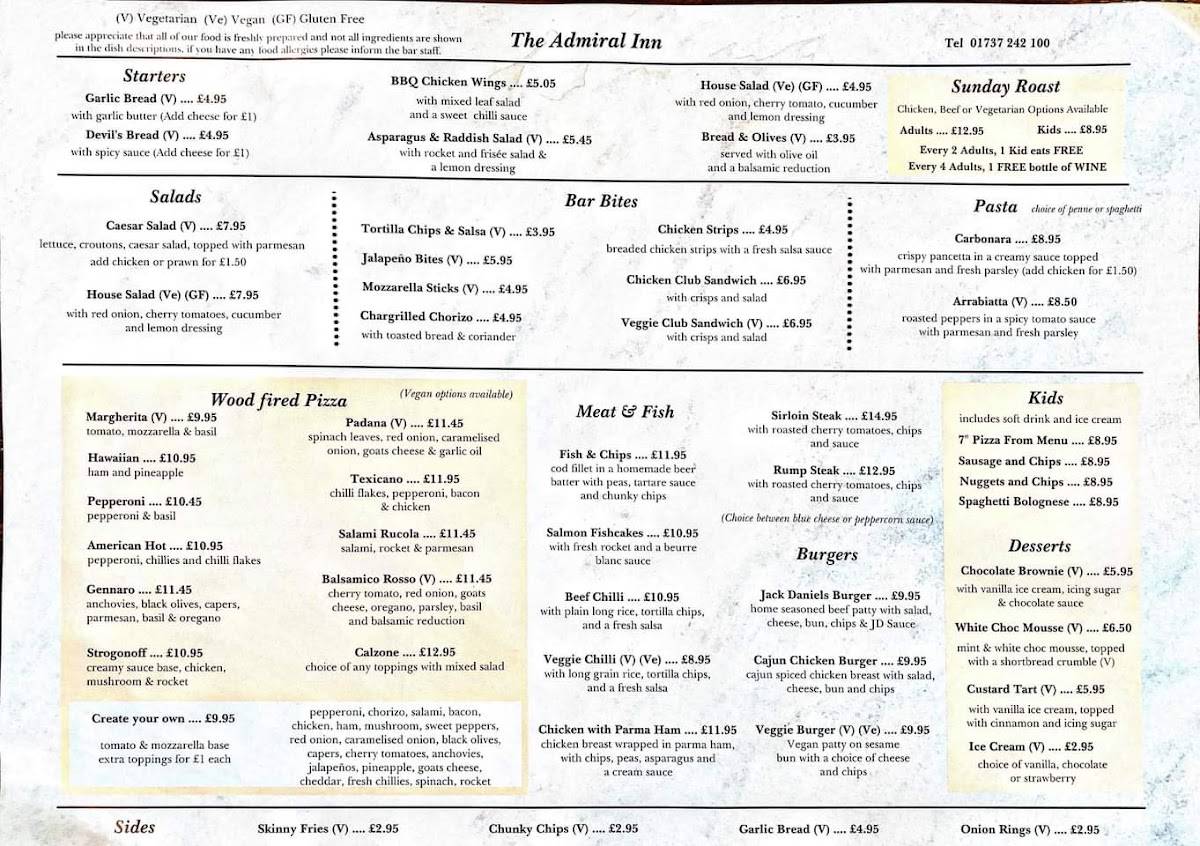 Menu at The Admiral Inn pub & bar, Reigate