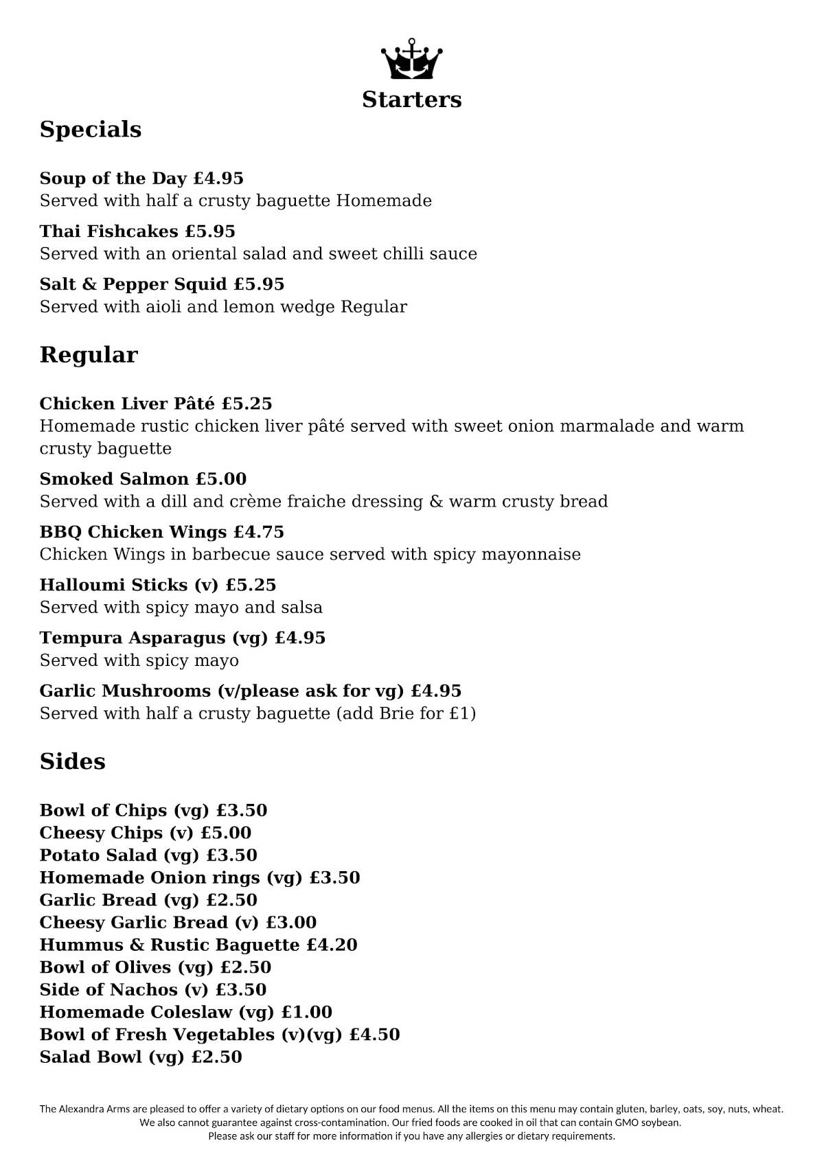 Menu at The Alexandra Arms pub & bar, Eastbourne