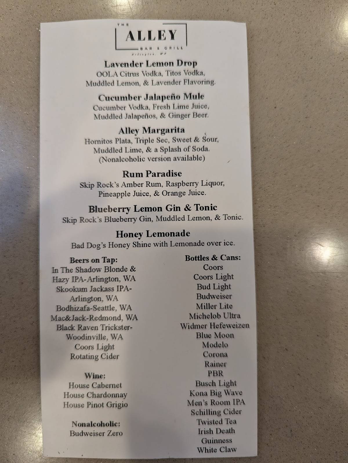 Menu at The Alley Bar & Grill, Arlington
