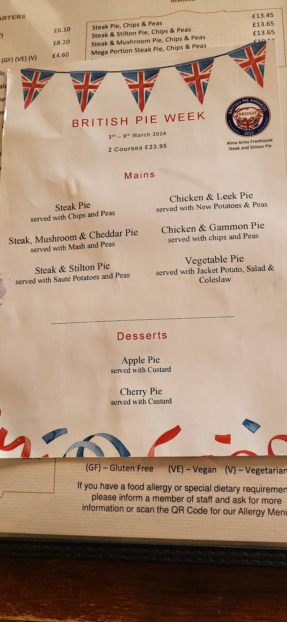 Menu at The Alma Arms Freehouse pub & bar, Navestock