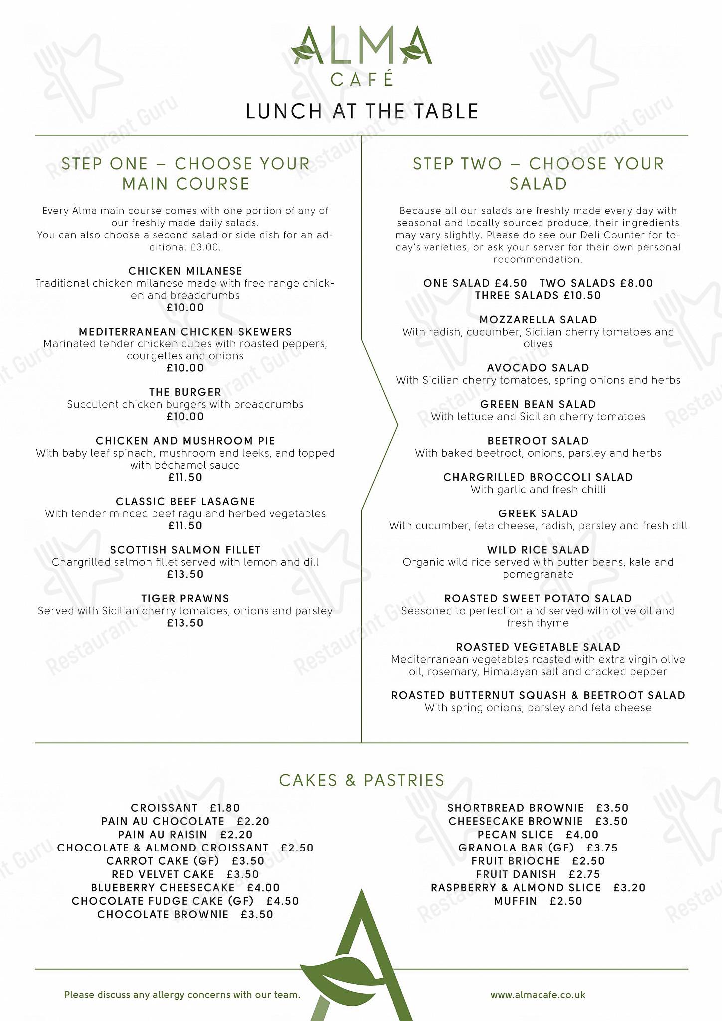 Menu at The Alma Cafe, Cape Town, 20 Alma Rd