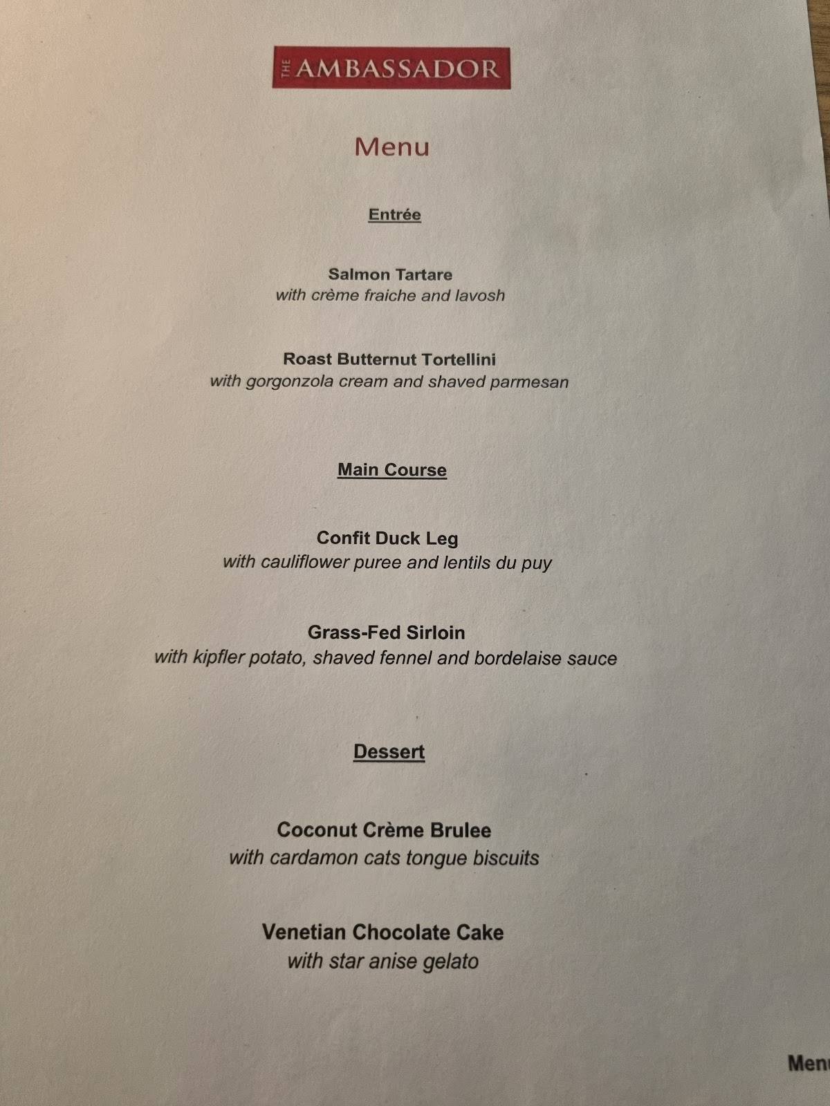 Menu at The Ambassador Training Restaurant, Ryde