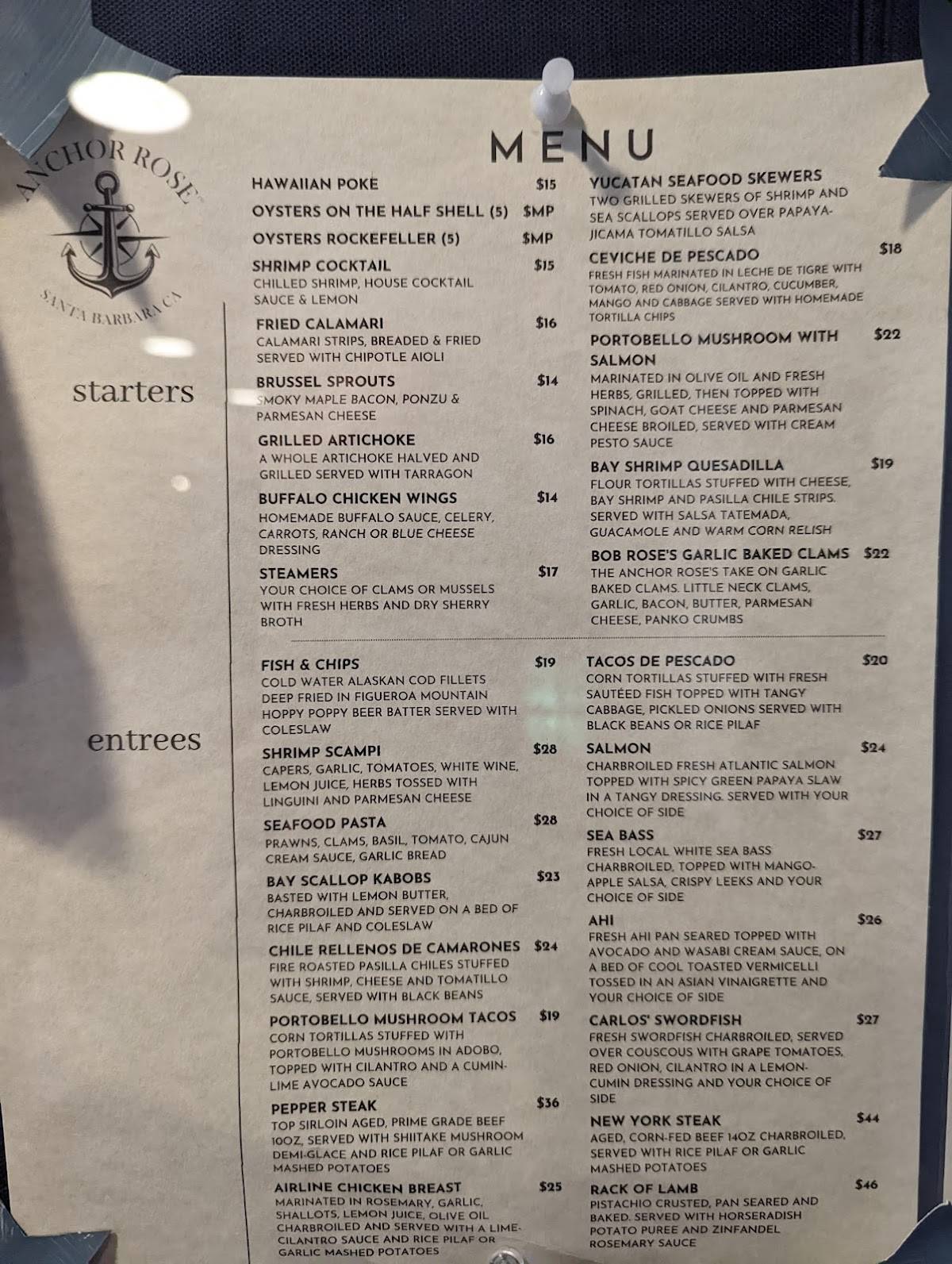 Menu at The Anchor Rose pub & bar, Santa Barbara
