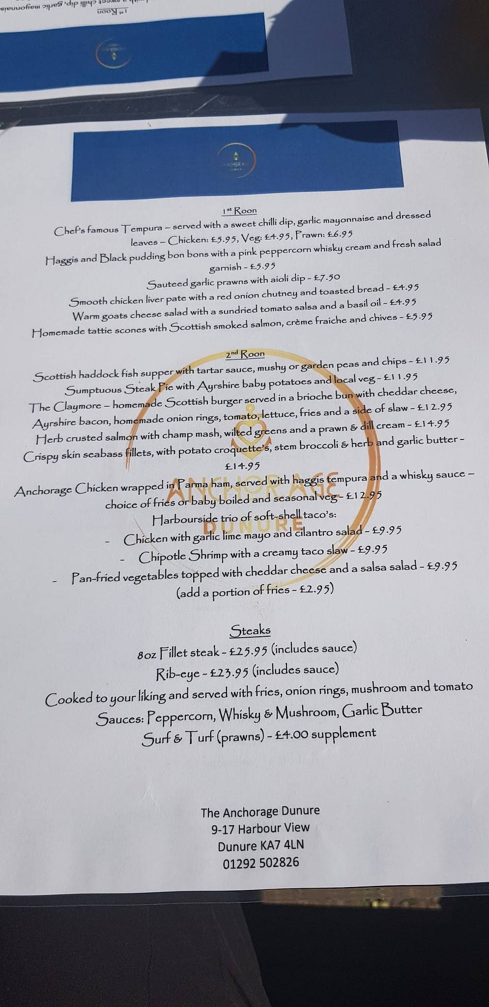 Menu at The Anchorage Restaurant/Bar, Dunure
