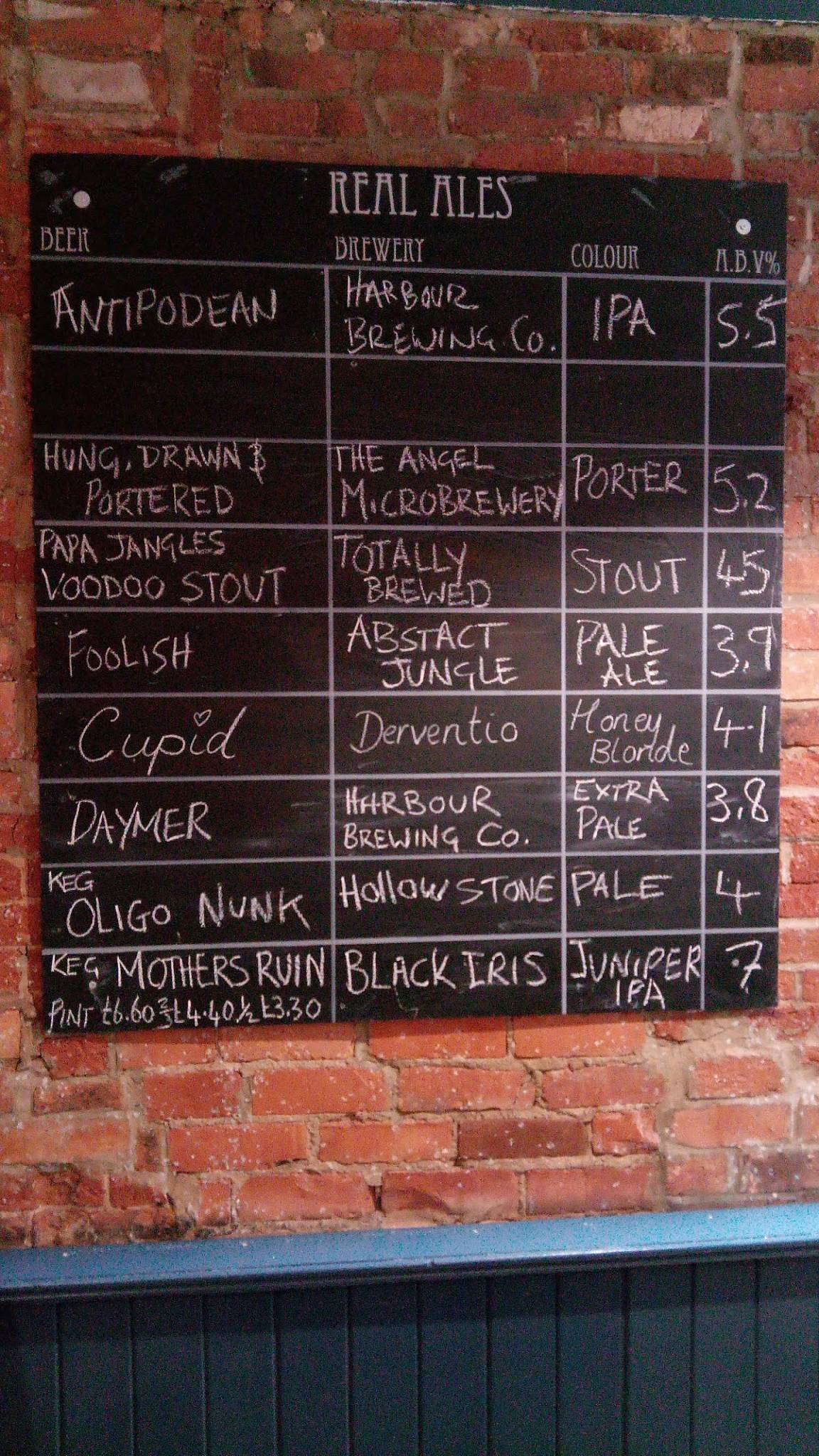 Menu at The Angel Microbrewery pub & bar, Nottingham