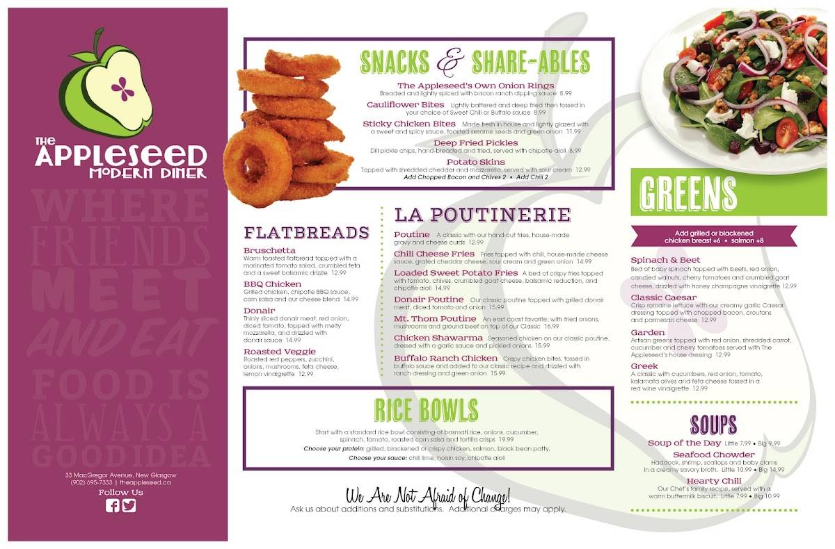 Menu at The Appleseed Modern Diner restaurant, New Glasgow