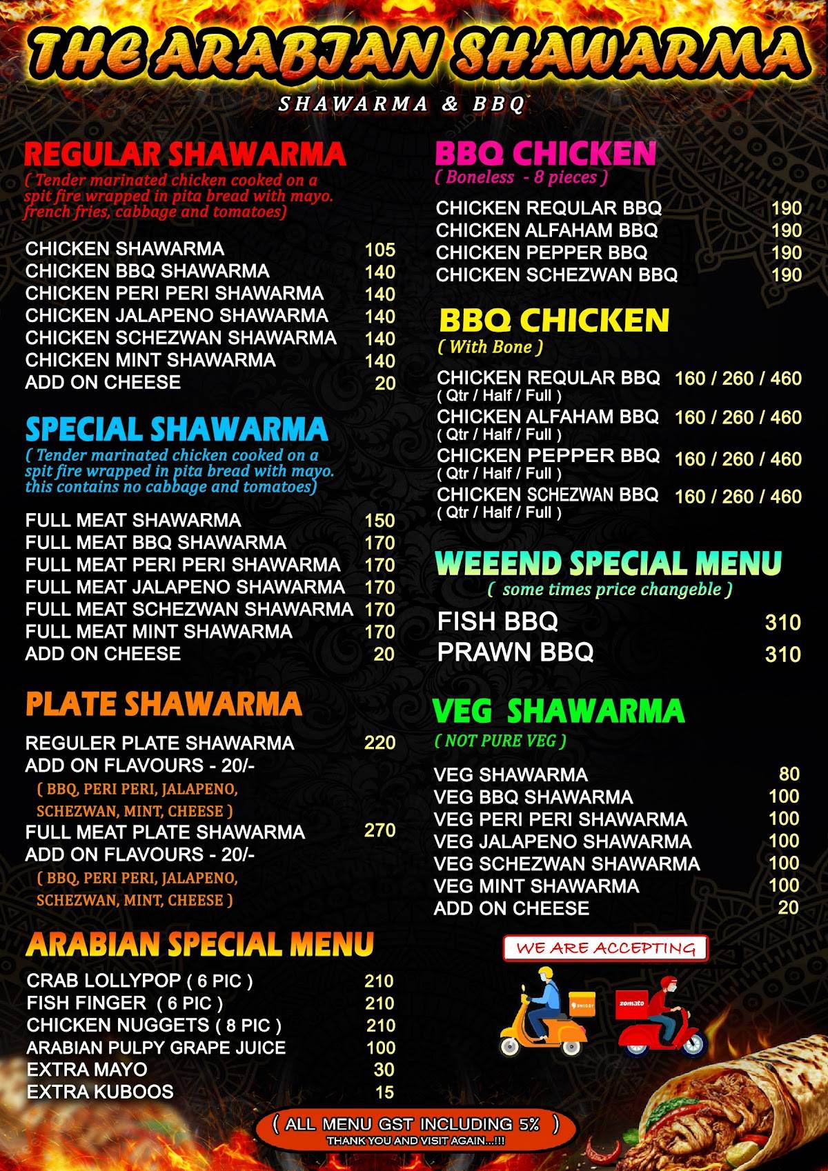 Menu at The Arabian Shawarma, Chennai
