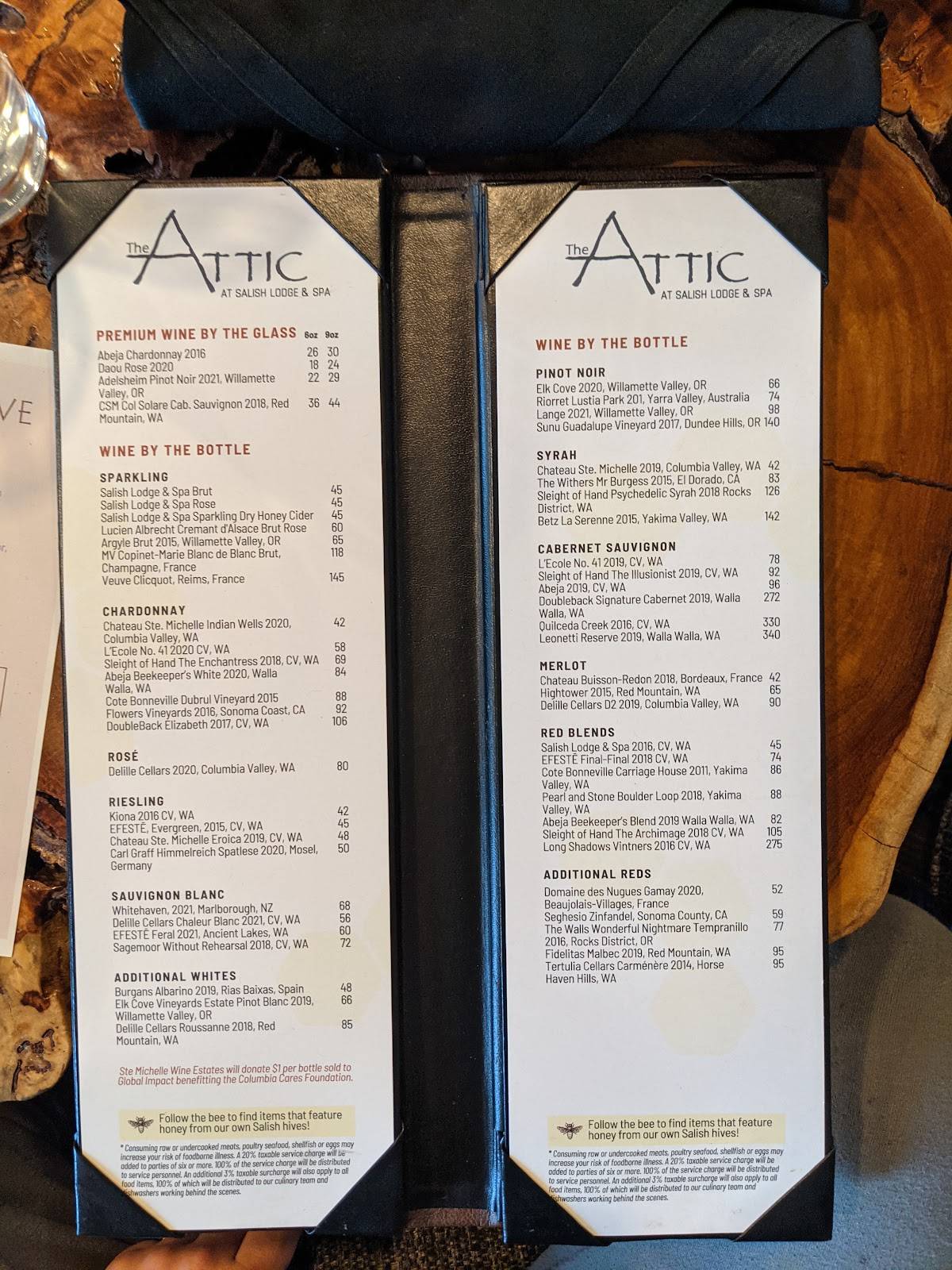 Menu at The Attic at Salish Lodge restaurant, Snoqualmie