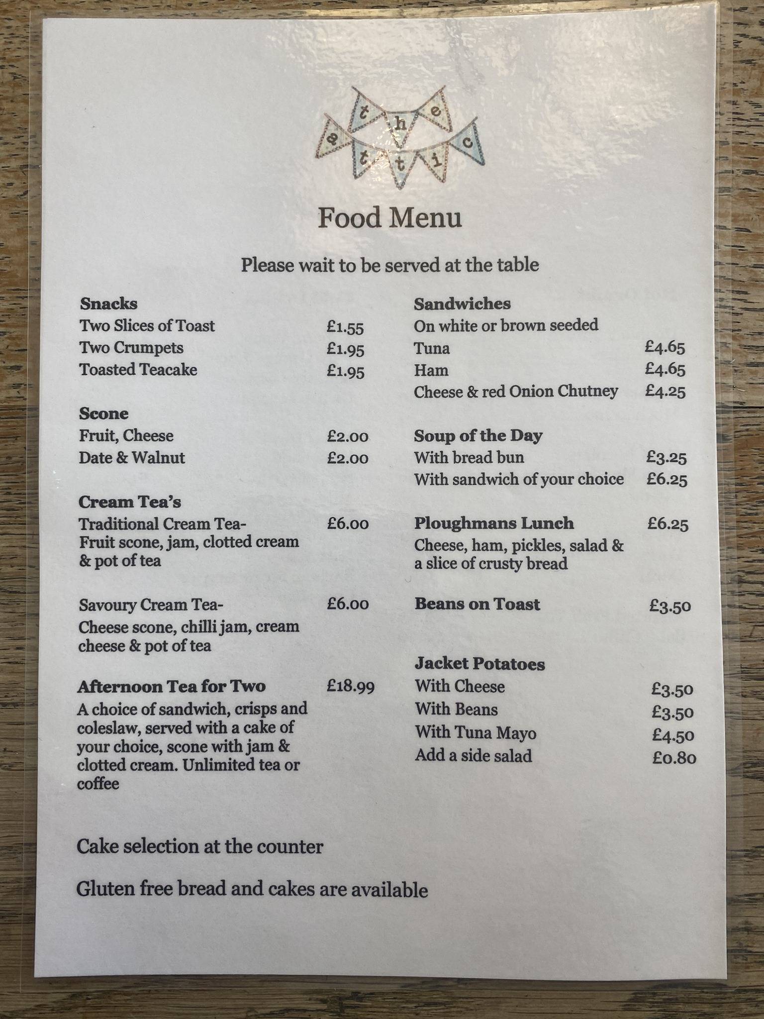 Menu at The Attic cafe, Bridlington