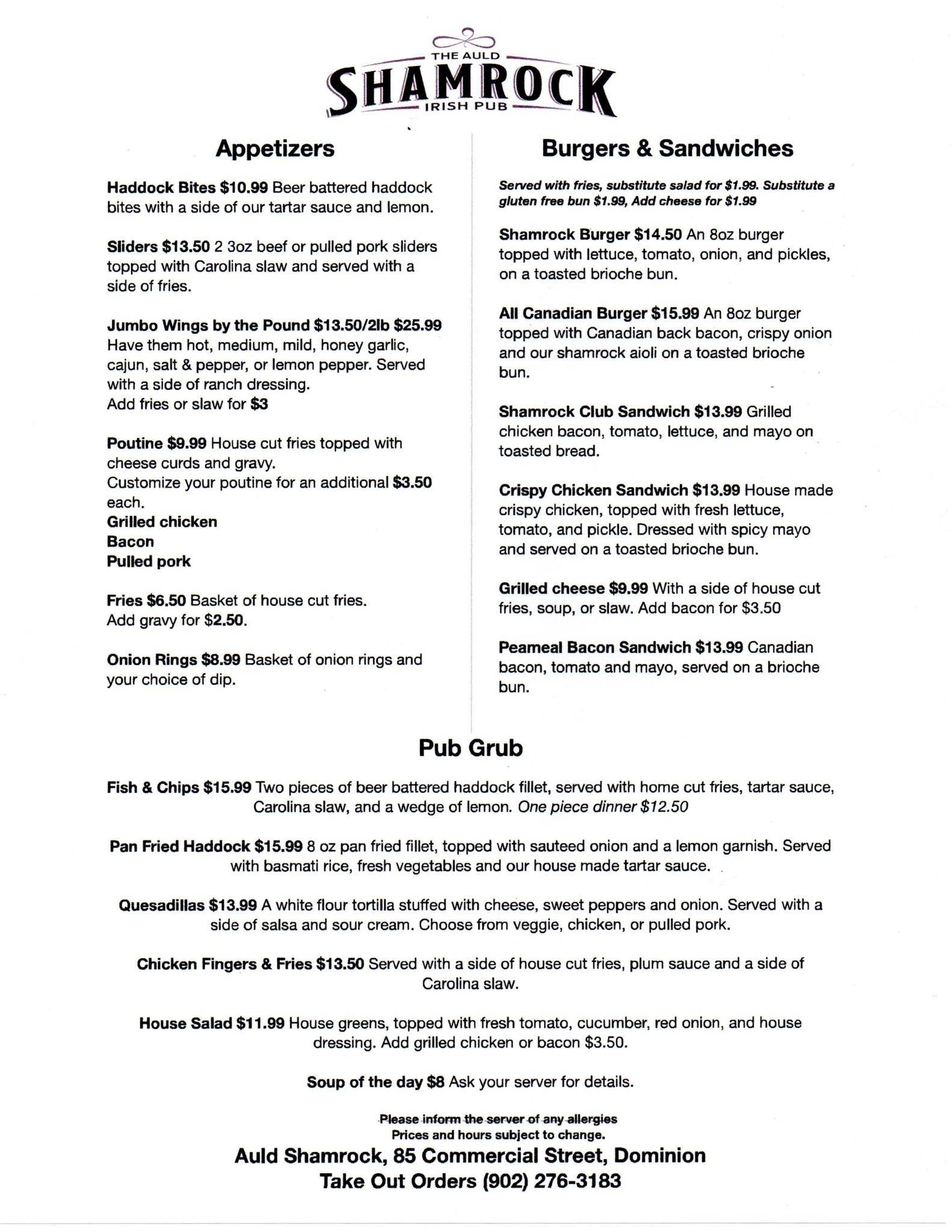 Menu at The Auld Shamrock pub & bar, Dominion