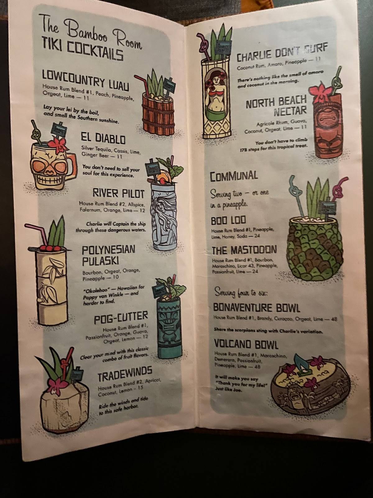 Menu at The Bamboo Room Tiki Bar, Savannah