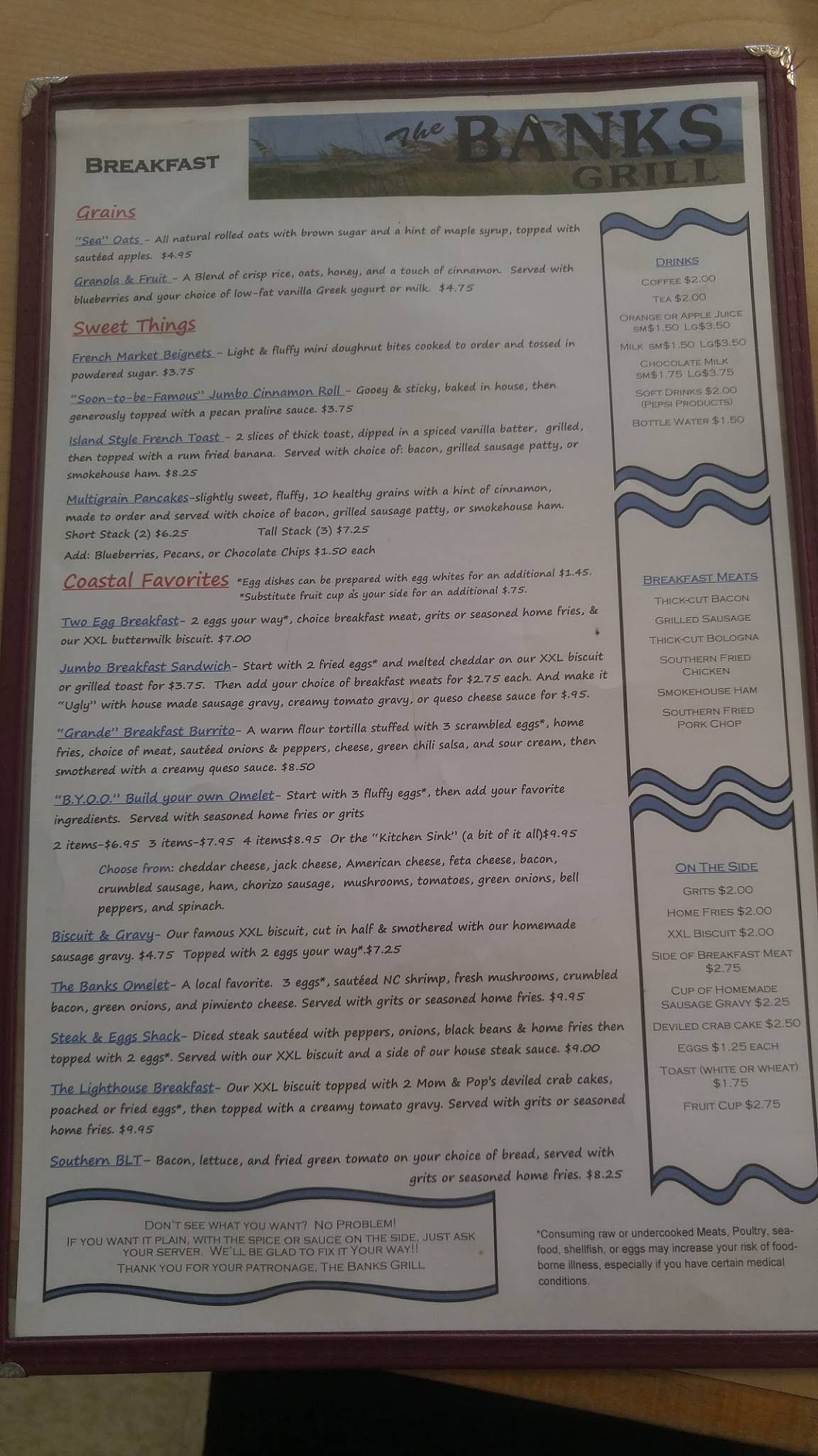 Menu at The Banks Grill cafe, Morehead City