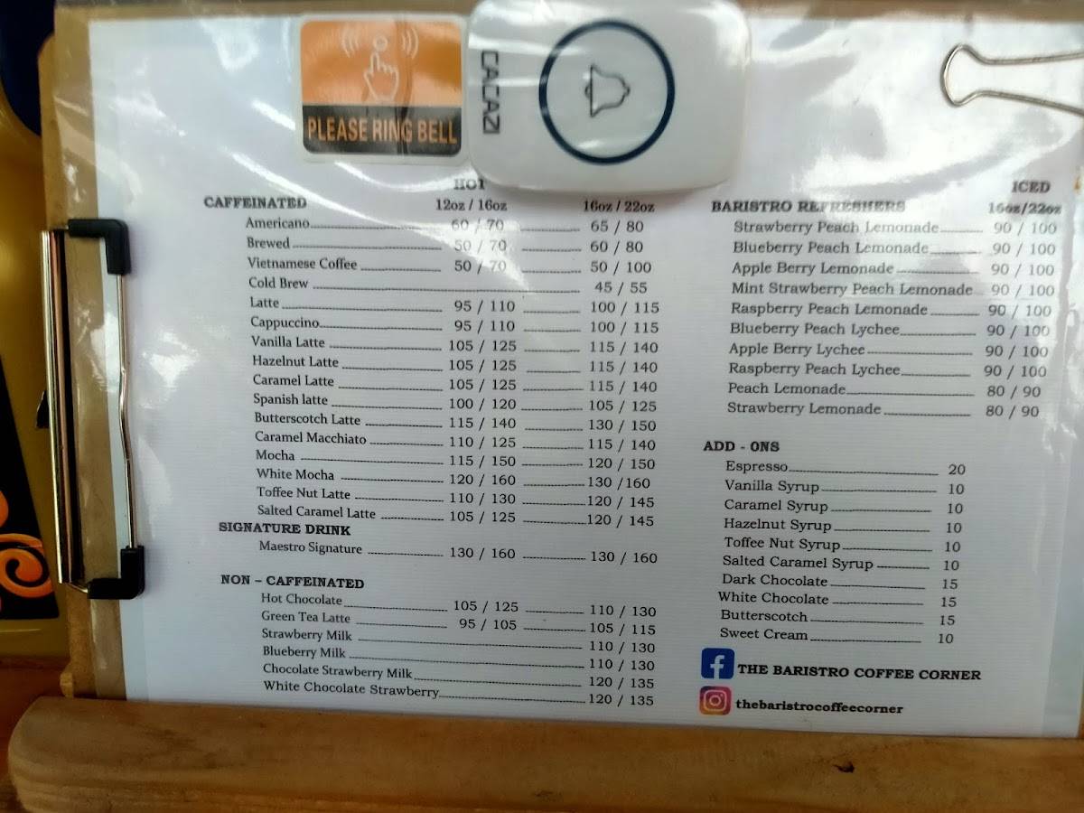 Menu at The Baristro Coffee Corner, Tarlac City